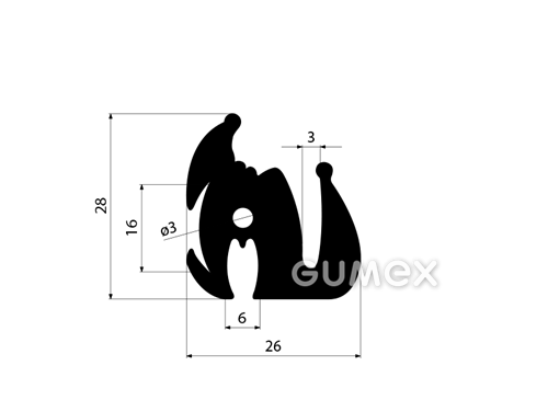 Profil für Fahrzeugfenster mit Loch, 28x26/16mm, 70°ShA, EPDM, ISO 3302 ...